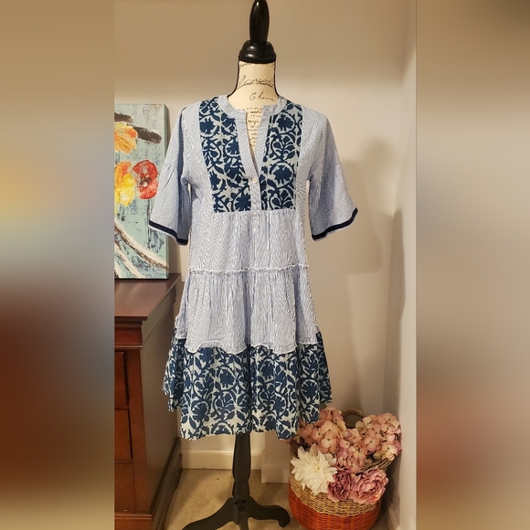 THML | Dresses | Thml Women Blue Short Ruffle Sleeveround Split Neck ...